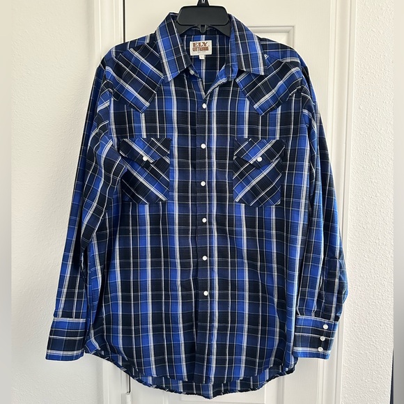Ely Cattleman | Shirts | Vintage Ely Cattleman Mens Blue Plaid Metallic Pearl Snap Western Shirt ...